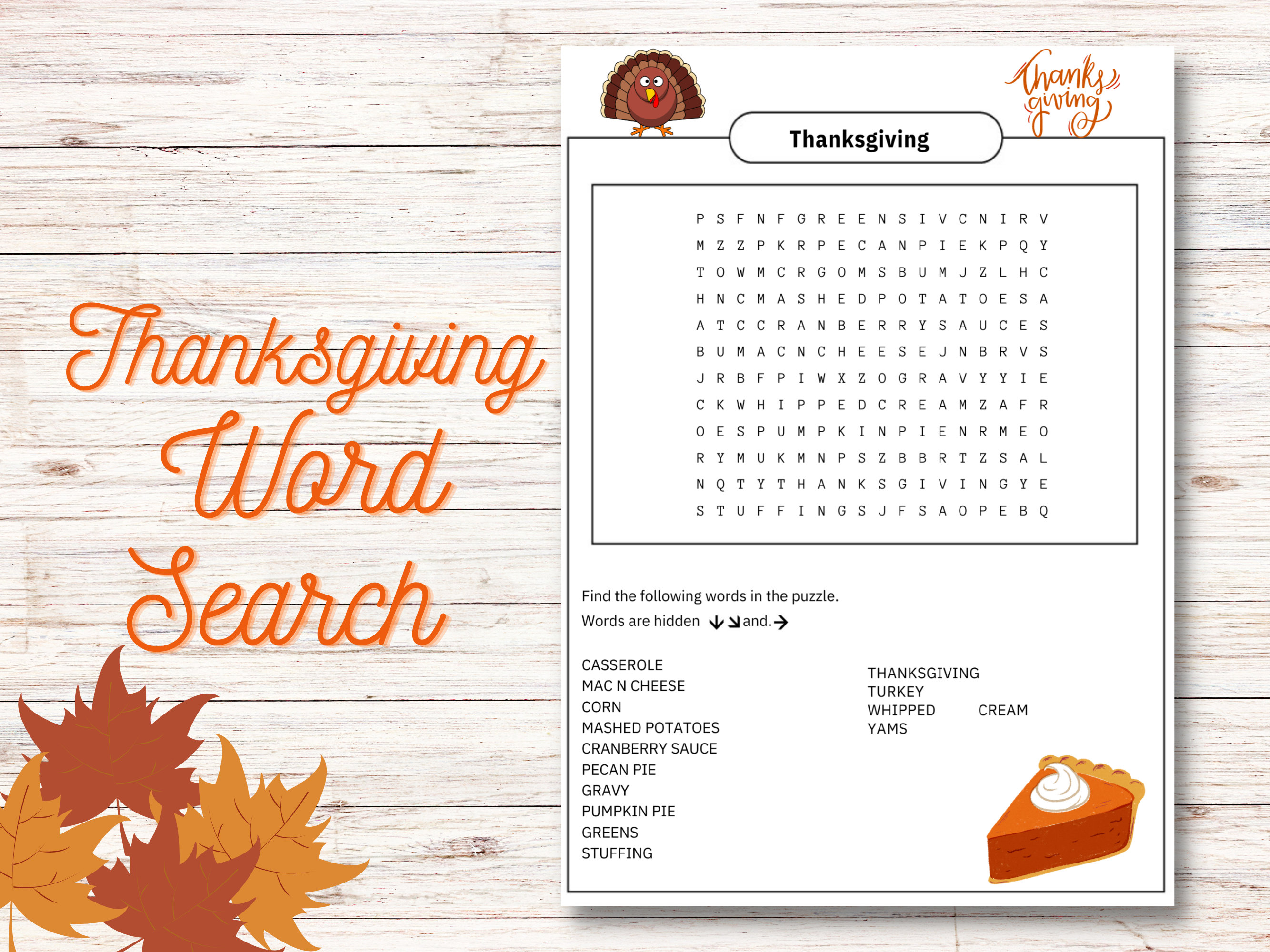 Thanksgiving Themed Word Search Puzzle, Printable Party Games, Fun ...