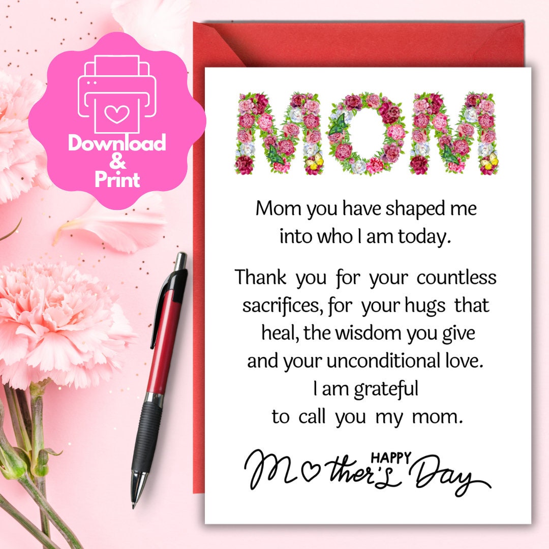 Printable Mothers Day Cards From Daughter, Son, Kids Mother's Day Card ...