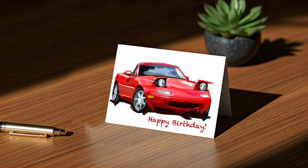 Mazda Miata 1995 Birthday Card, Classic Car Art Print Card, Convertible ...