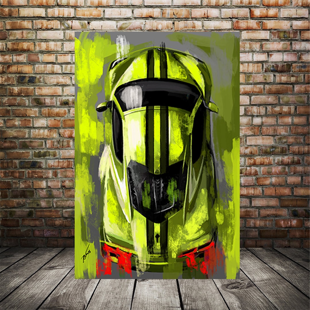 C8 Corvette Painting Lime Green Yellow, Chevy C8 Artwork, Colorful Wall ...