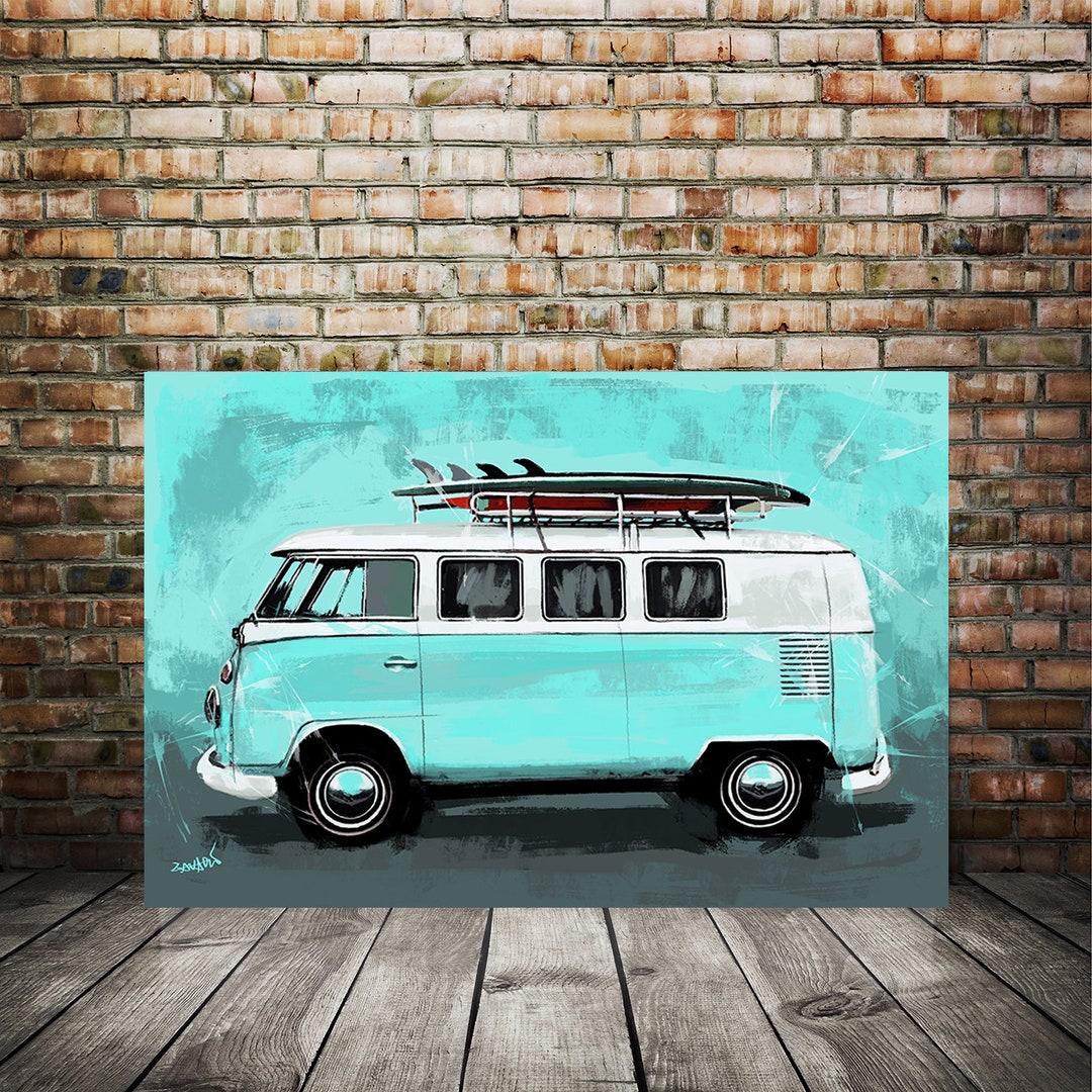Bus Van Teal, T1 T2 Van, Wanderlust Decor, Automotive Art Print, Canvas ...
