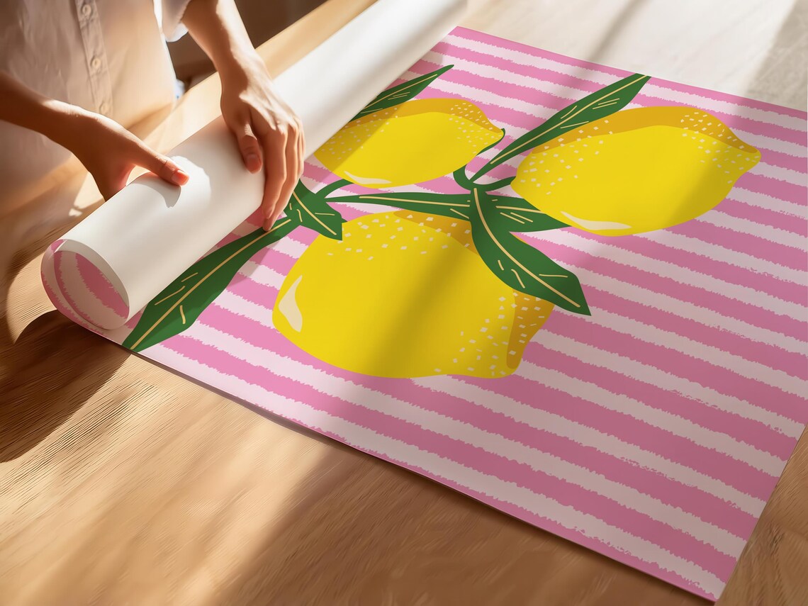 Lemon Art Print: Pink Pinstripe Kitchen Decor - Etsy