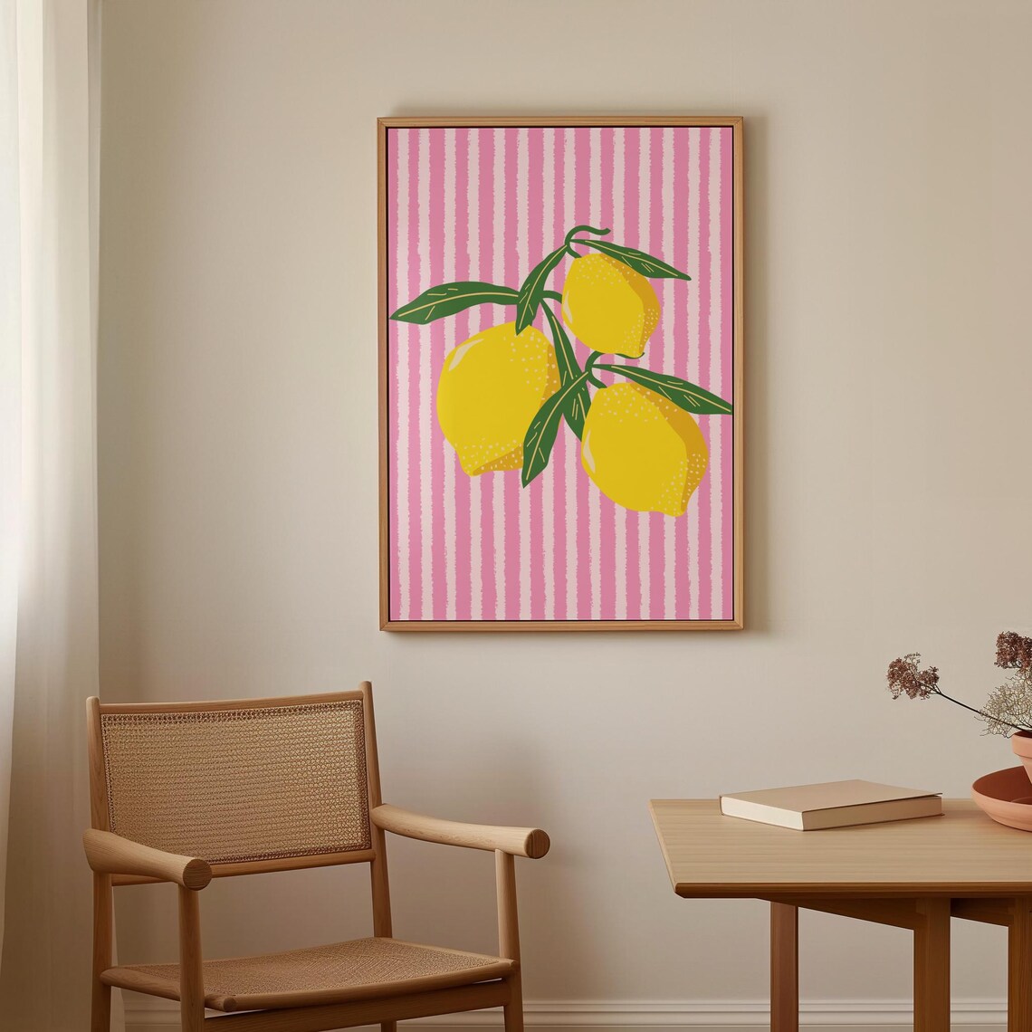 Lemon Art Print: Pink Pinstripe Kitchen Decor - Etsy