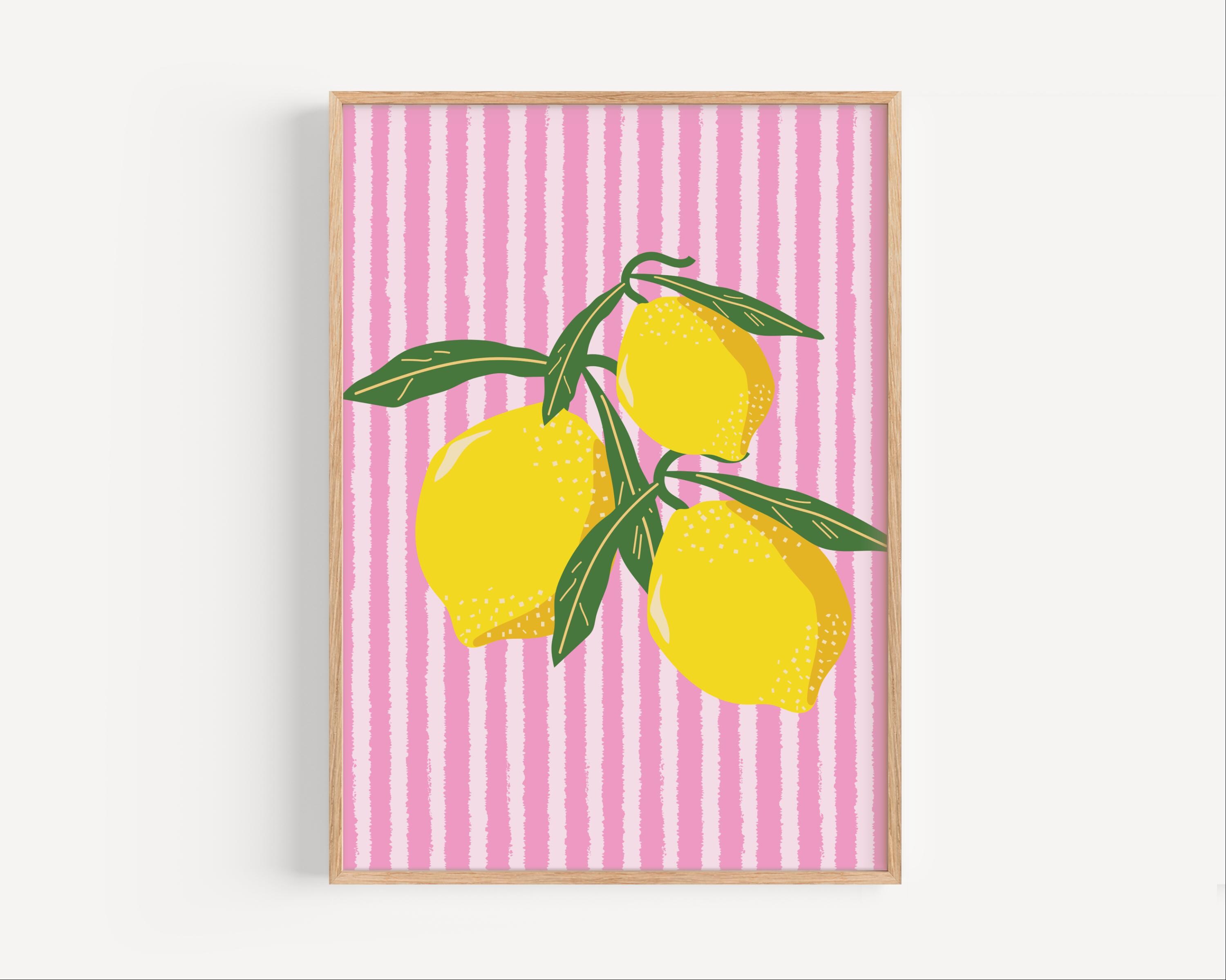 Lemon Art Print: Pink Pinstripe Kitchen Decor - Etsy
