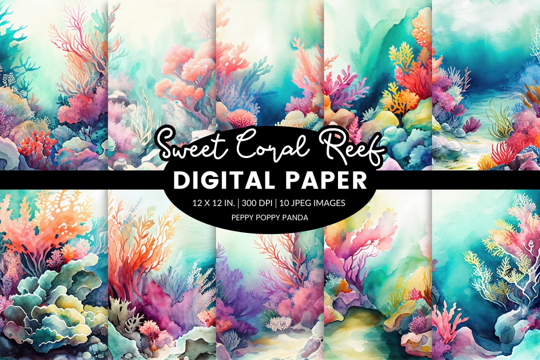 Coral Reef Digital Paper Backgrounds, Underwater Illustrations ...