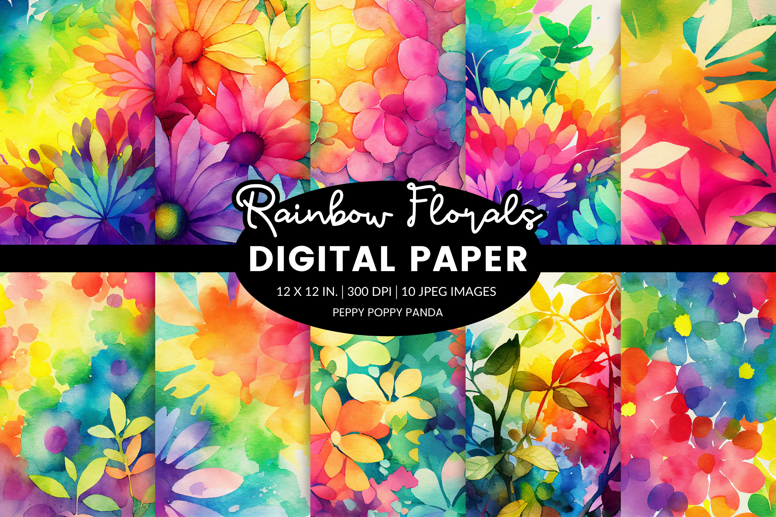Rainbow Floral Digital Paper Backgrounds, Colorful Flower Illustrations ...