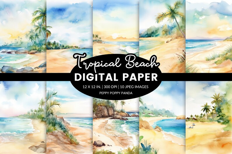 Tropical Beach Digital Paper Backgrounds, Sea and Summer Illustrations ...