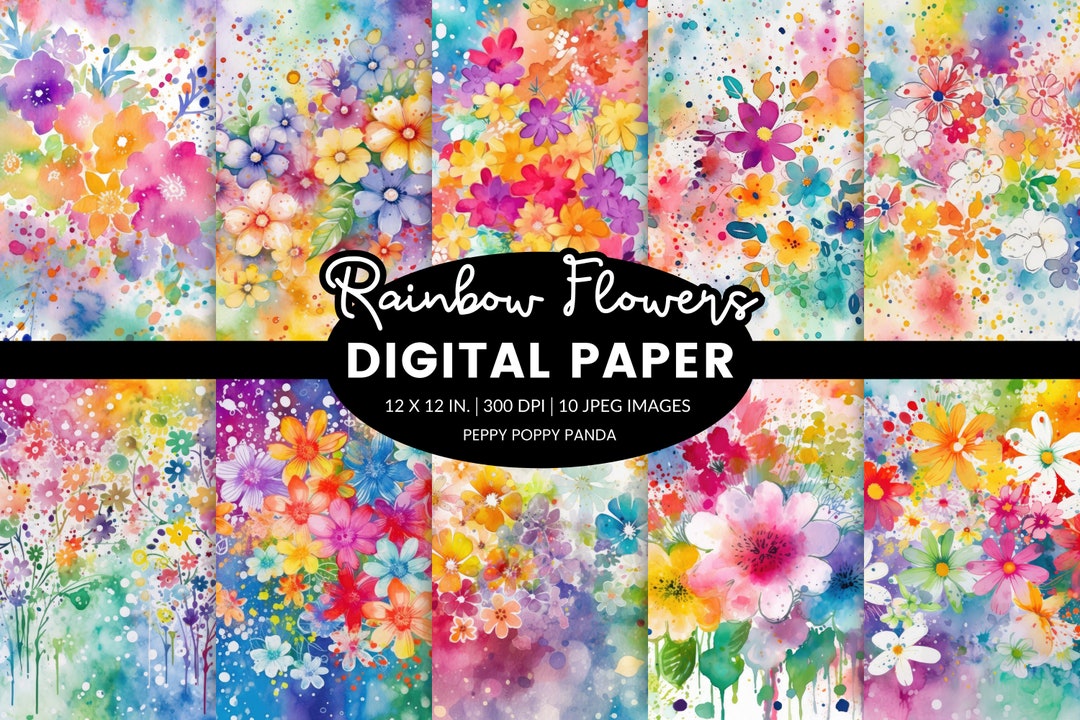 Rainbow Flower Digital Paper Backgrounds, Bright Floral Illustrations ...
