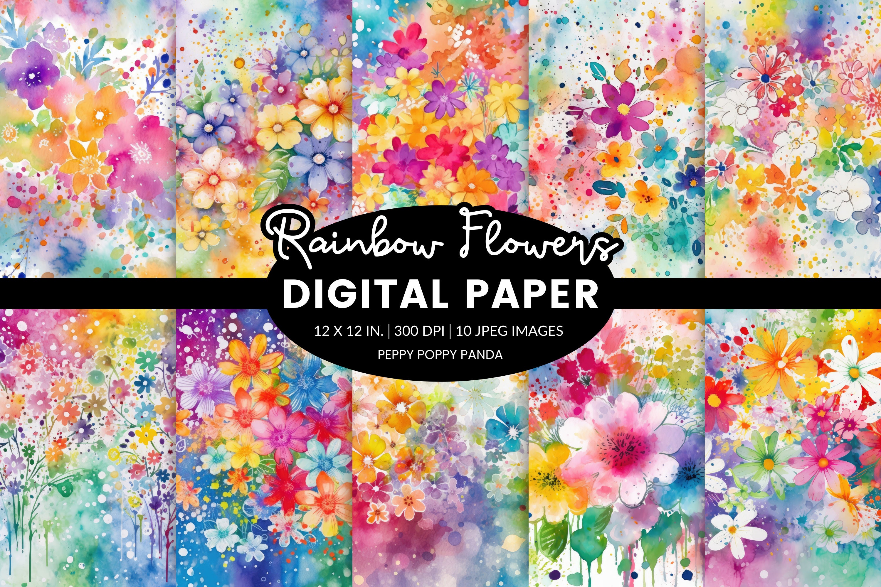 Rainbow Flower Digital Paper Backgrounds, Bright Floral Illustrations ...