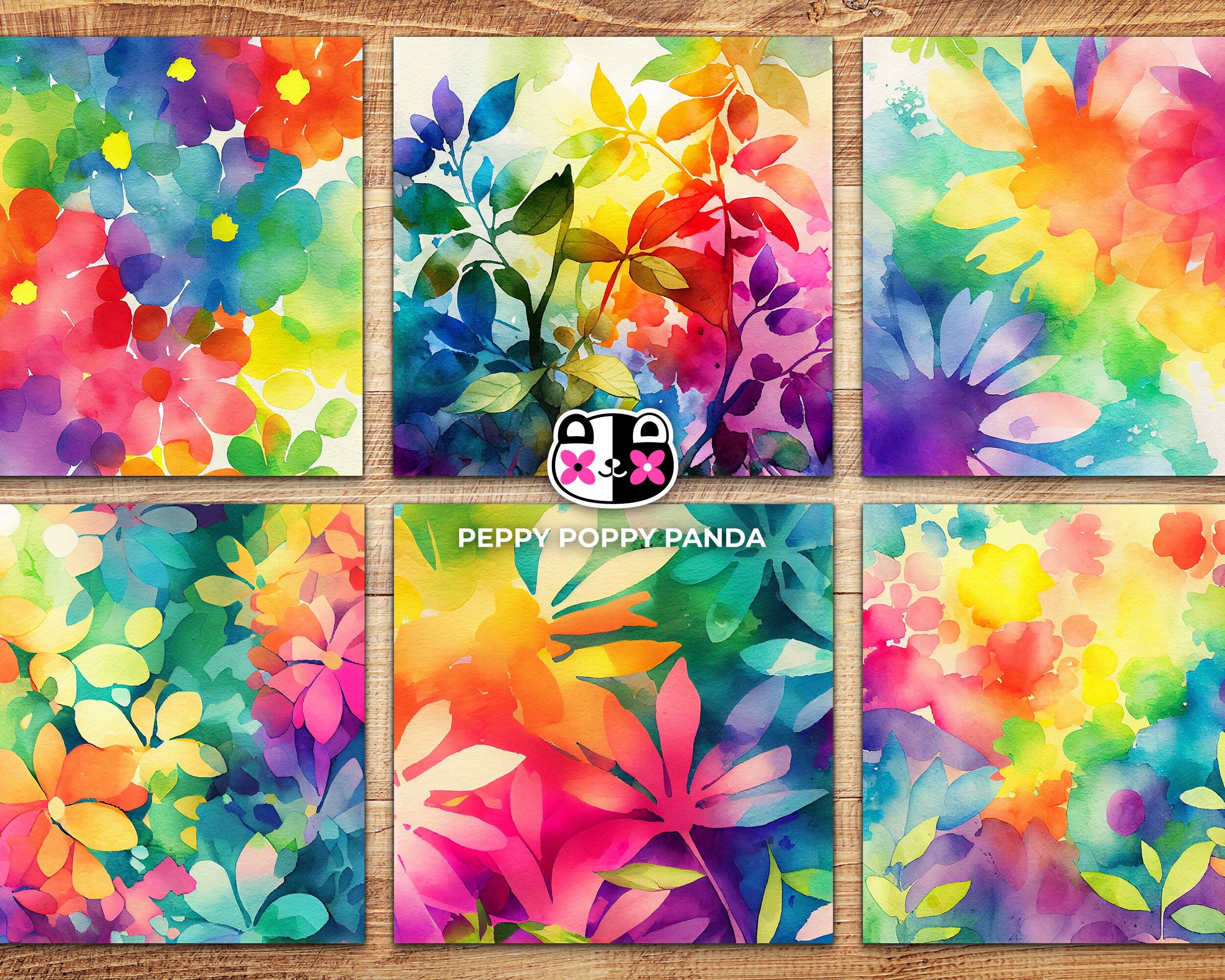 Rainbow Floral Digital Paper Backgrounds, Colorful Flower Illustrations ...
