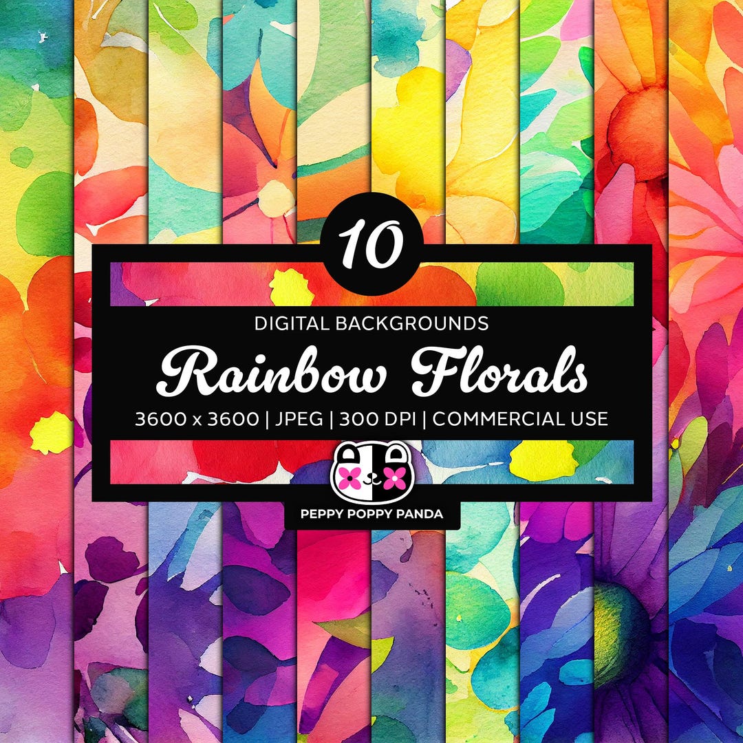 Rainbow Floral Digital Paper Backgrounds, Colorful Flower Illustrations ...