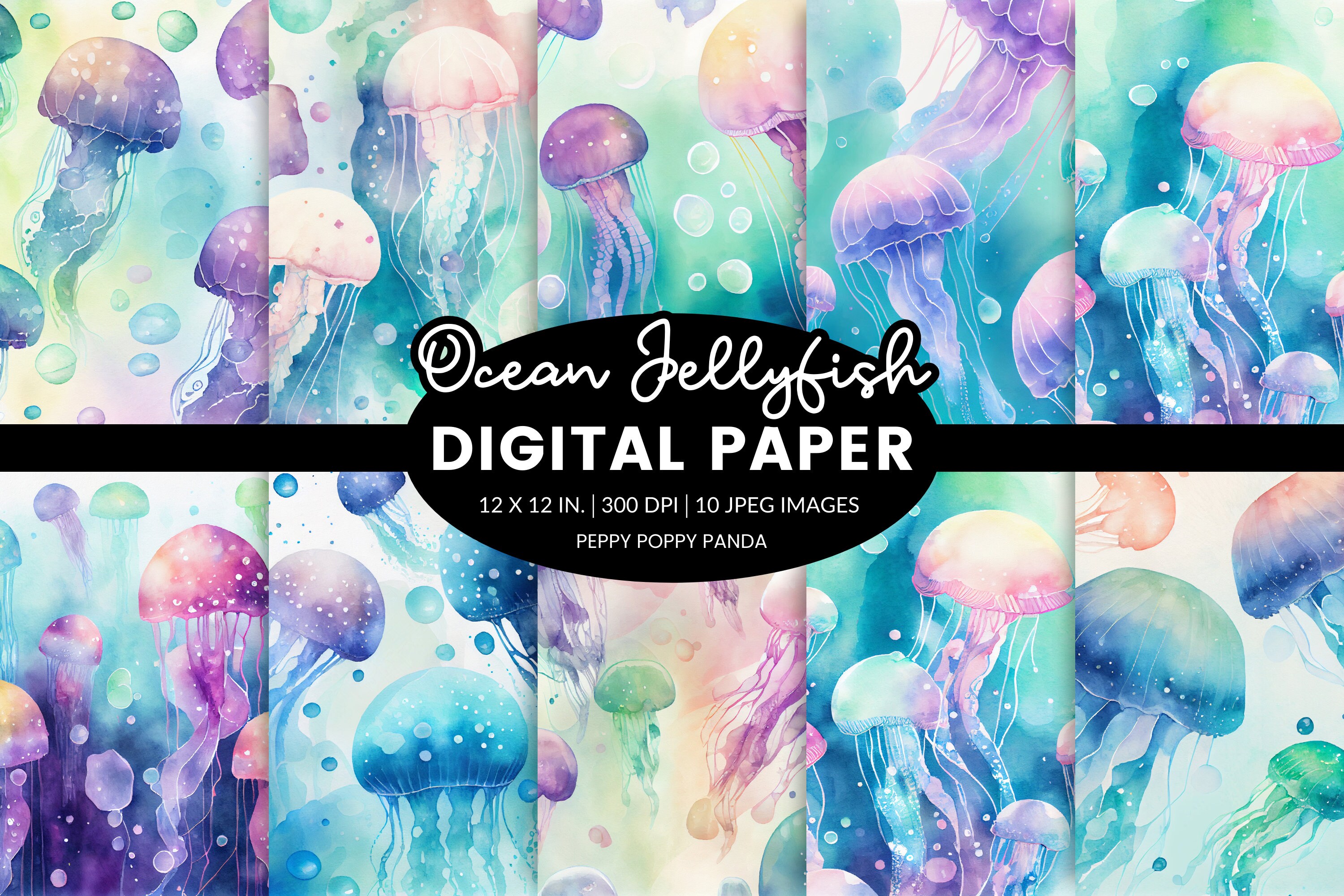 Ocean Jellyfish Digital Paper, Watercolor Sea Creatures, Beautiful ...