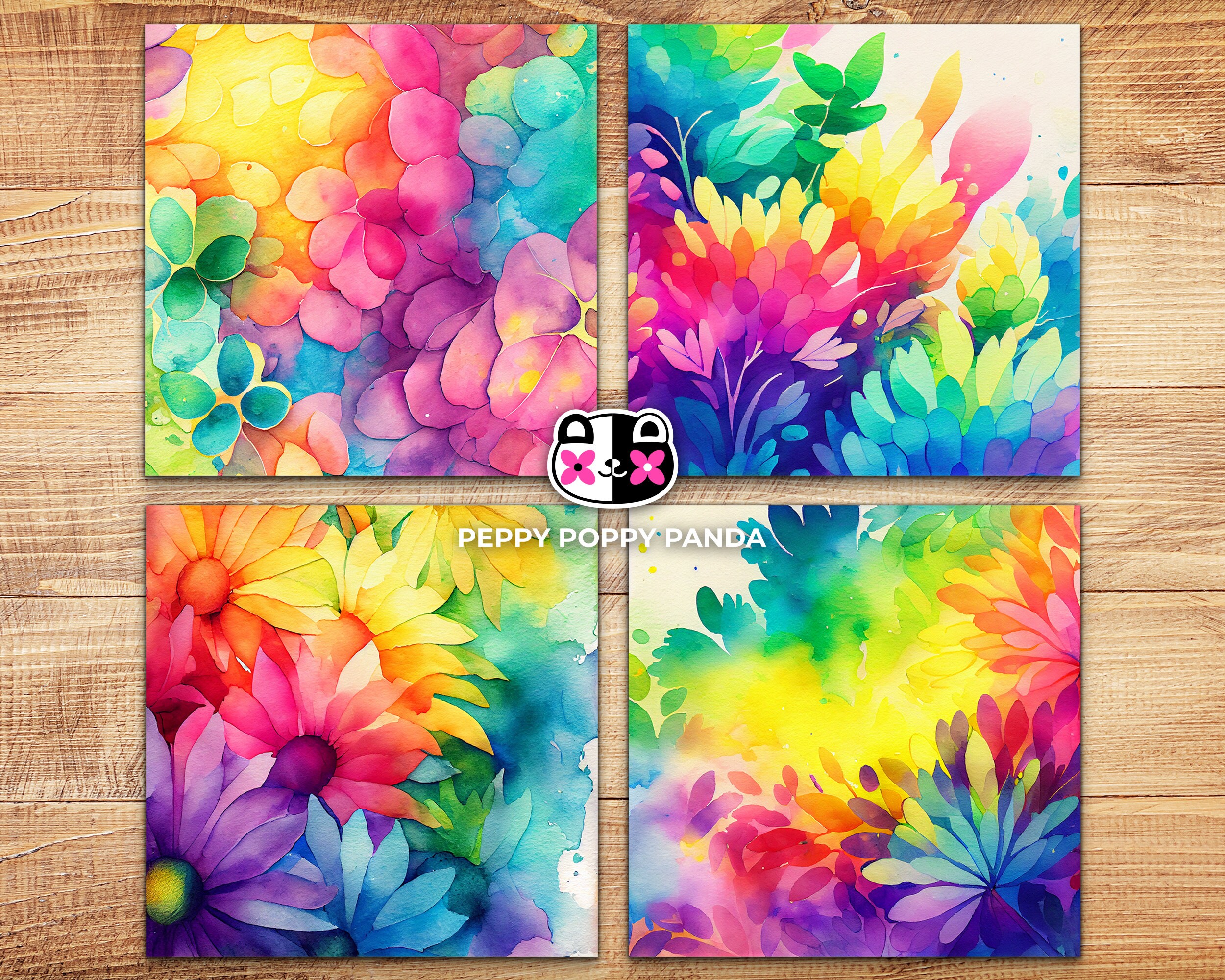 Rainbow Floral Digital Paper Backgrounds, Colorful Flower Illustrations ...