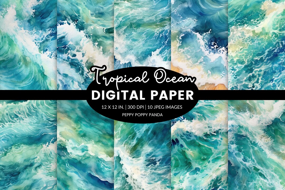 Tropical Ocean Waves Digital Paper Backgrounds, Summer Beach ...