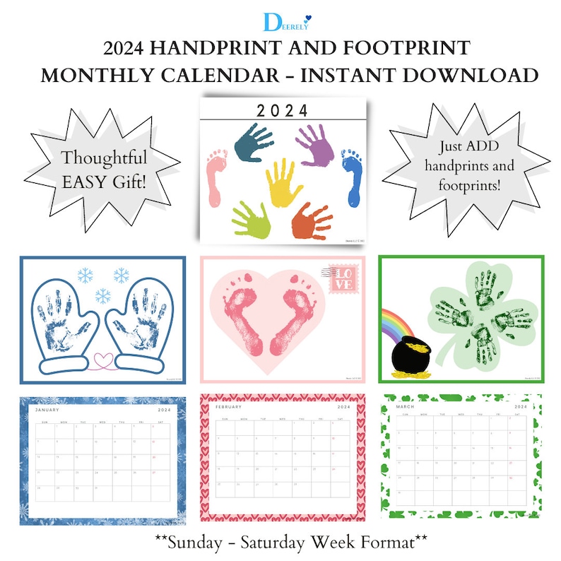 2024 Handprint and Footprint Monthly Calendar - Instant Download (sun ...