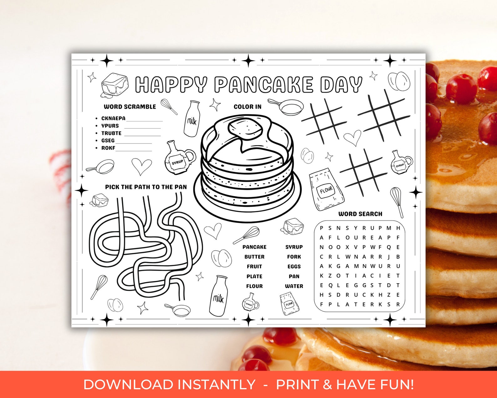 Pancake Day Coloring Placemat, Printable Pancake Day Activity Placemat ...