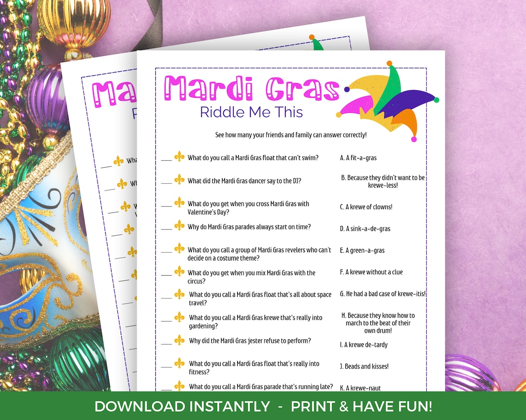 Mardi Gras Riddle Me This Game, Fat Tuesday Party Game, Printable Mardi ...