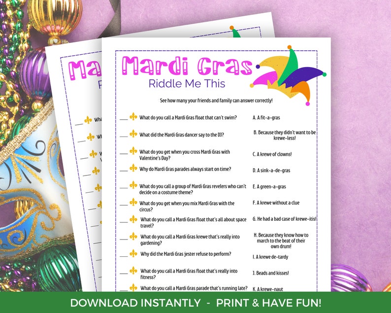 Mardi Gras Riddle Me This Game, Fat Tuesday Party Game, Printable Mardi ...