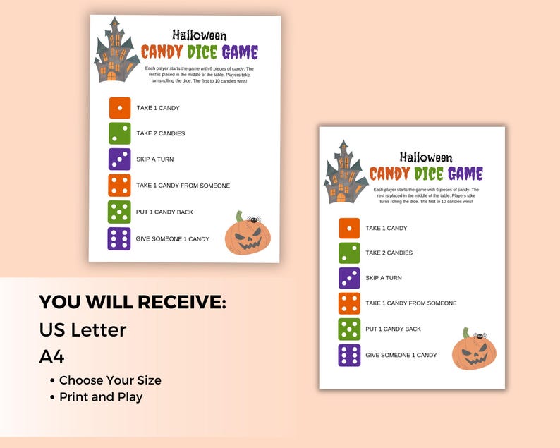 Printable Halloween Candy Dice Game, Halloween Candy Game, Candy Dice ...