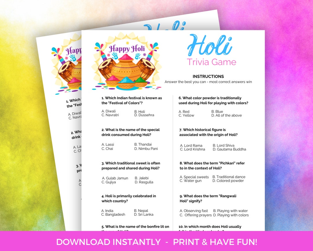 Holi Trivia Game, Printable Festival of Color Trivia Game Activity ...
