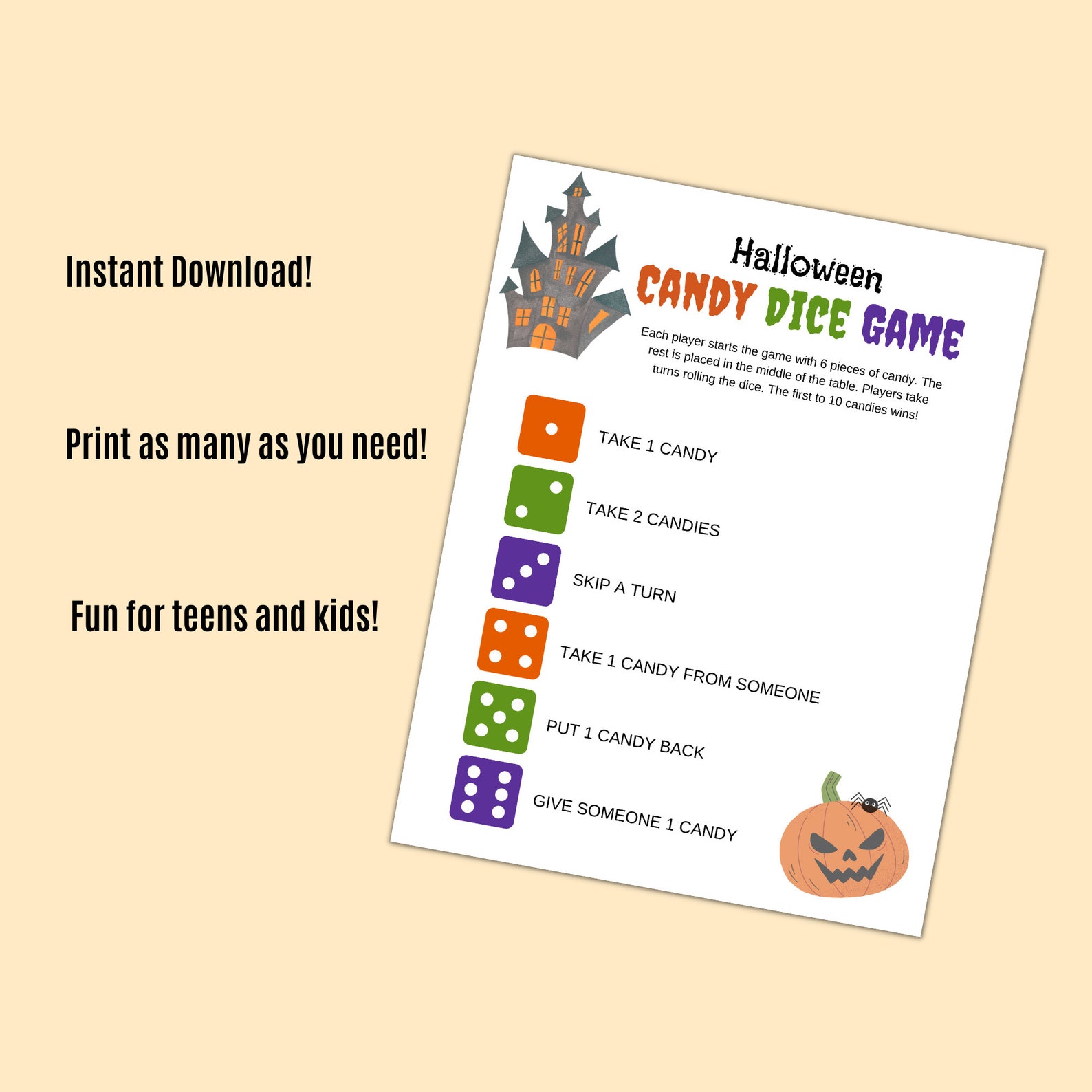 Printable Halloween Candy Dice Game, Halloween Candy Game, Candy Dice ...