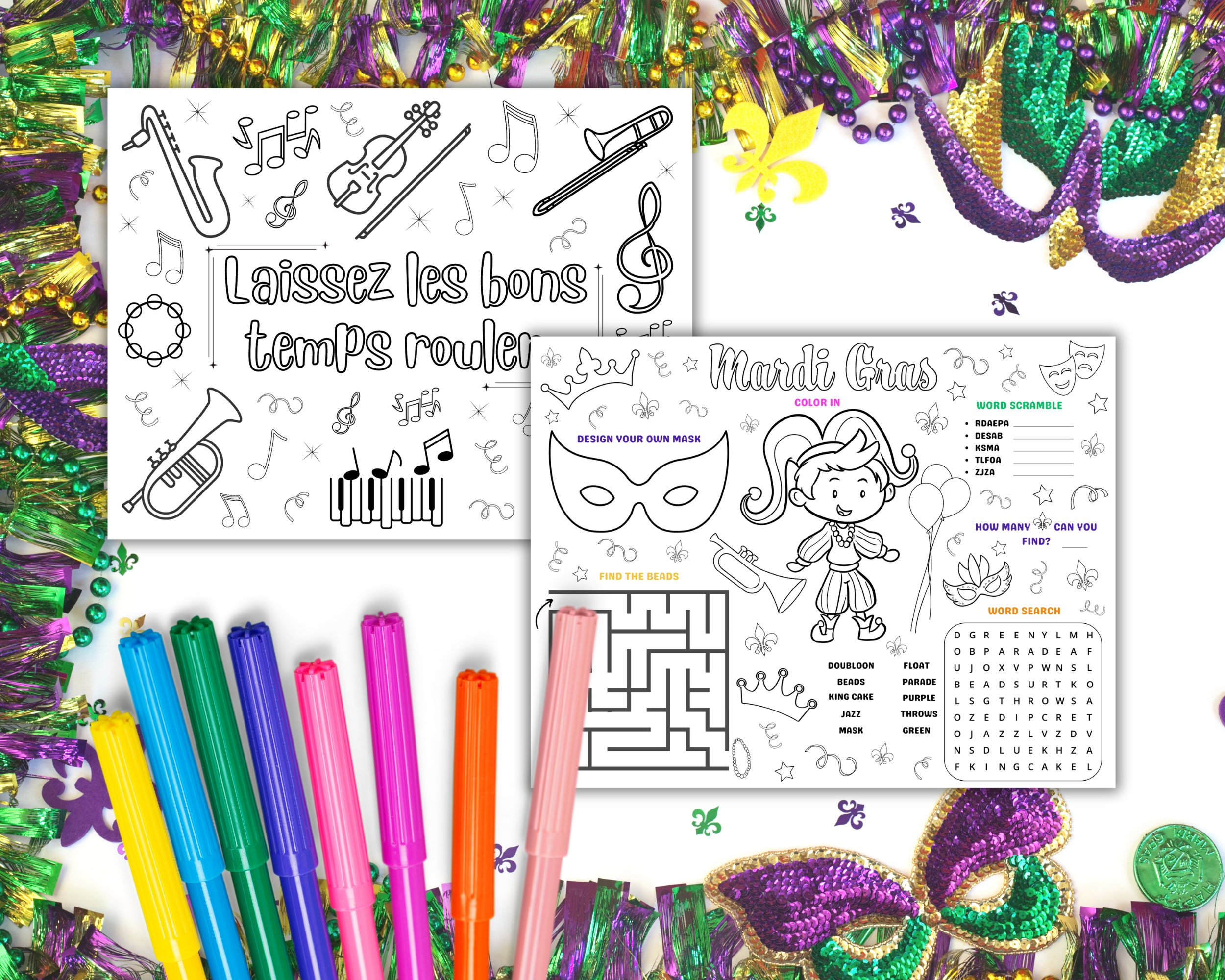 Mardi Gras Coloring Placemat, Printable Mardi Gras Activity Placemat ...