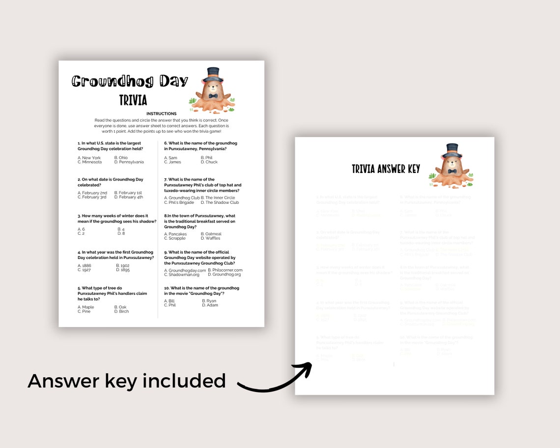 Groundhog Day Trivia Game, Printable Trivia Game, Groundhog Day Party ...