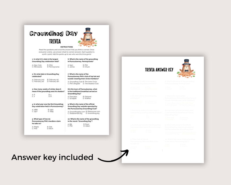 Groundhog Day Trivia Game, Printable Trivia Game, Groundhog Day Party ...
