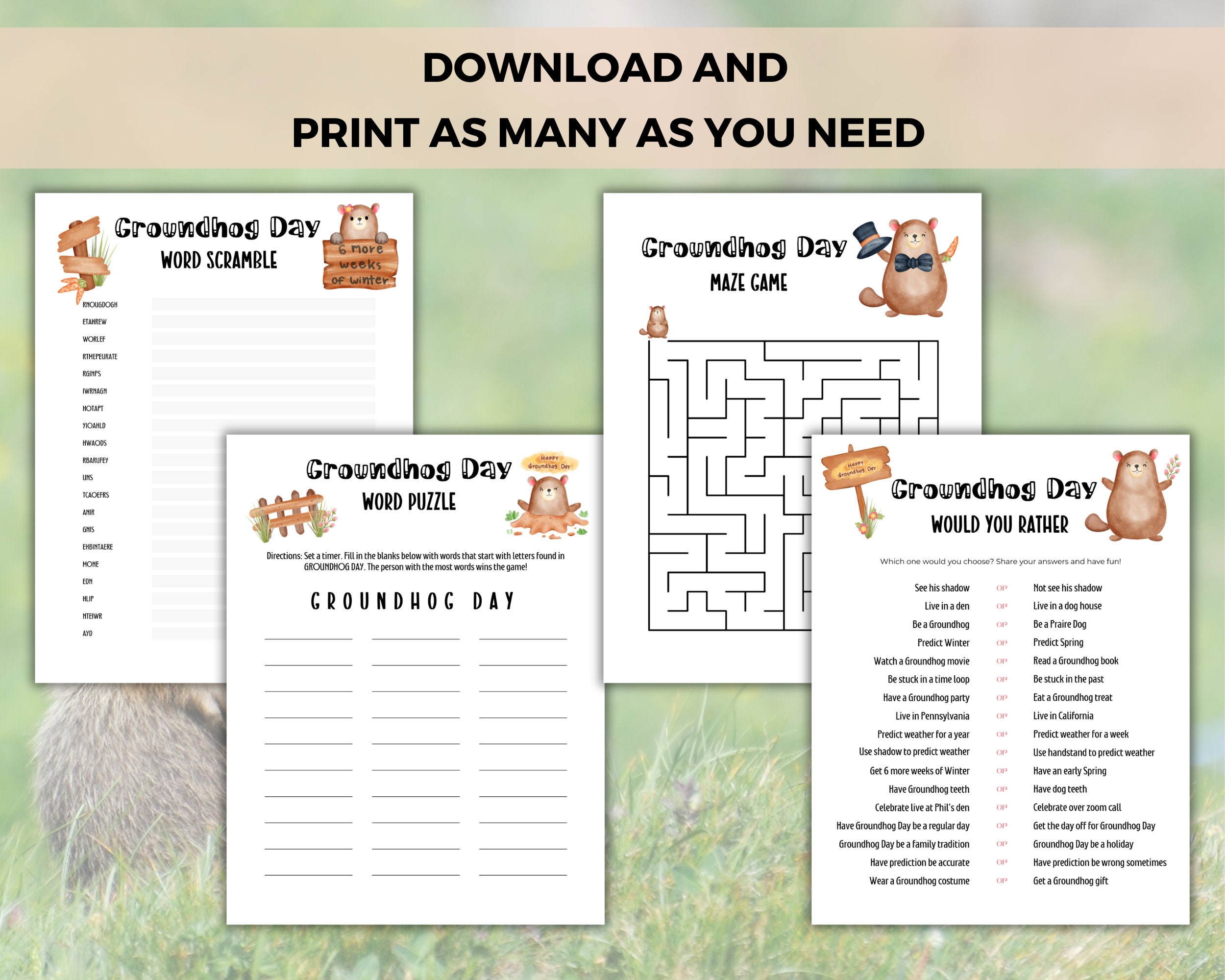 Groundhog Day Game Bundle, Printable Groundhog Day Activities for Kids ...
