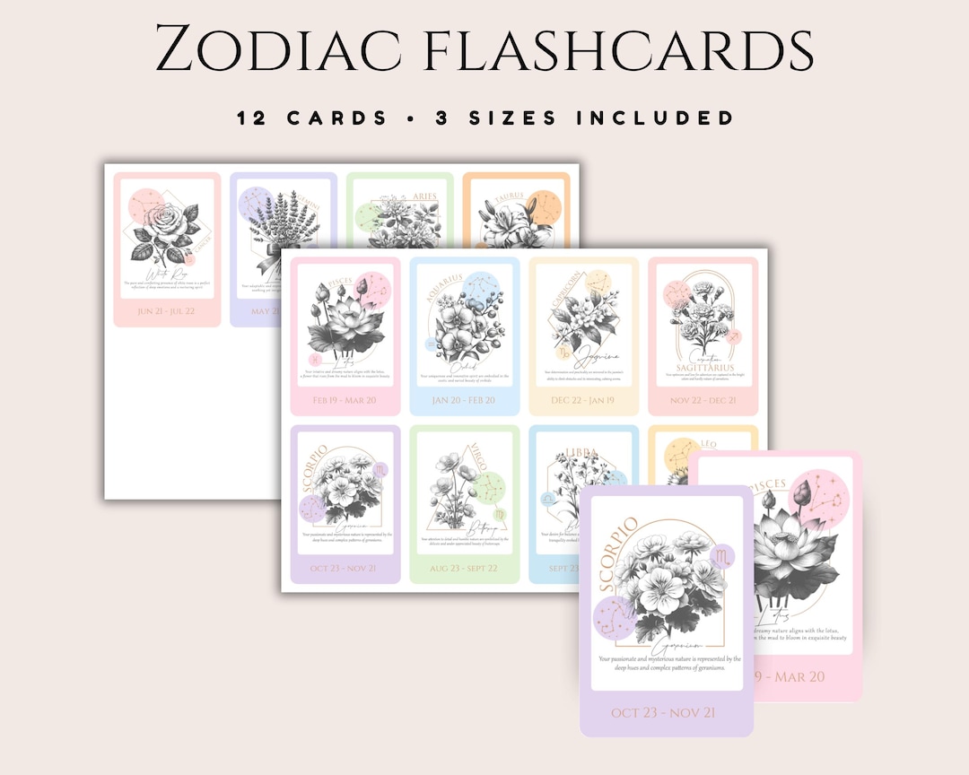 Zodiac Flashcards, 12 Printable Astrology Flashcards, Zodiac Cards ...