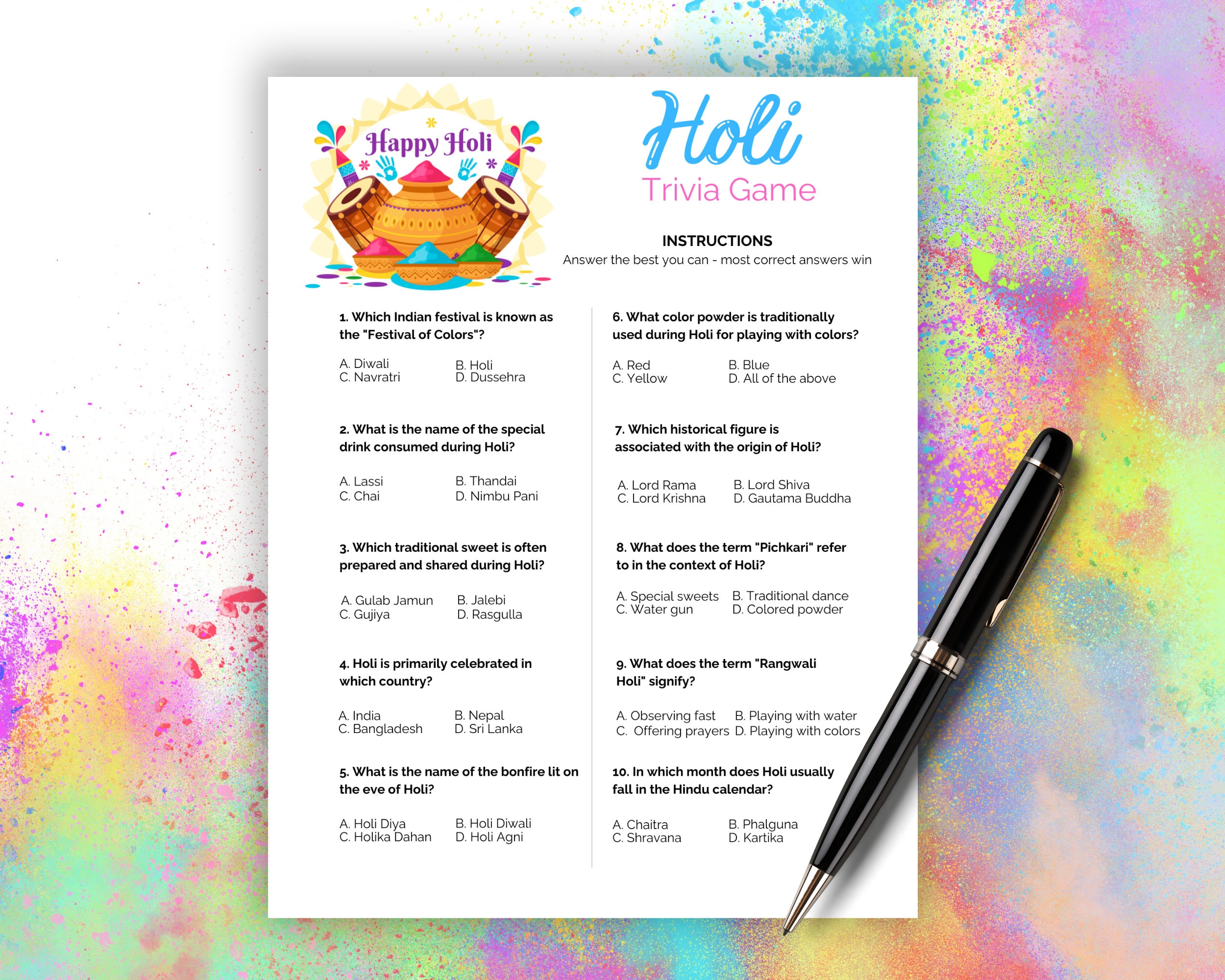 Holi Trivia Game, Printable Festival of Color Trivia Game Activity ...