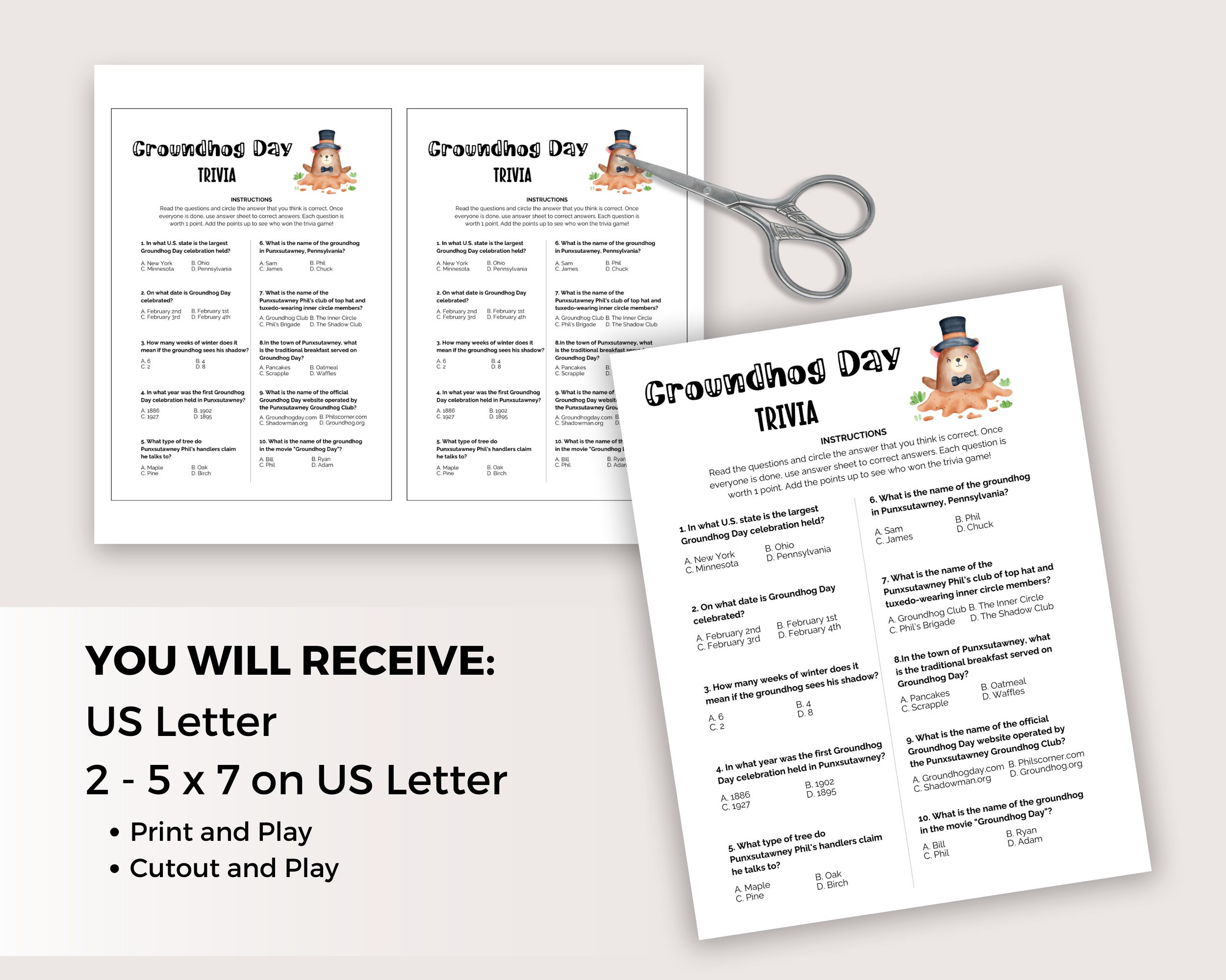 Groundhog Day Trivia Game, Printable Trivia Game, Groundhog Day Party ...