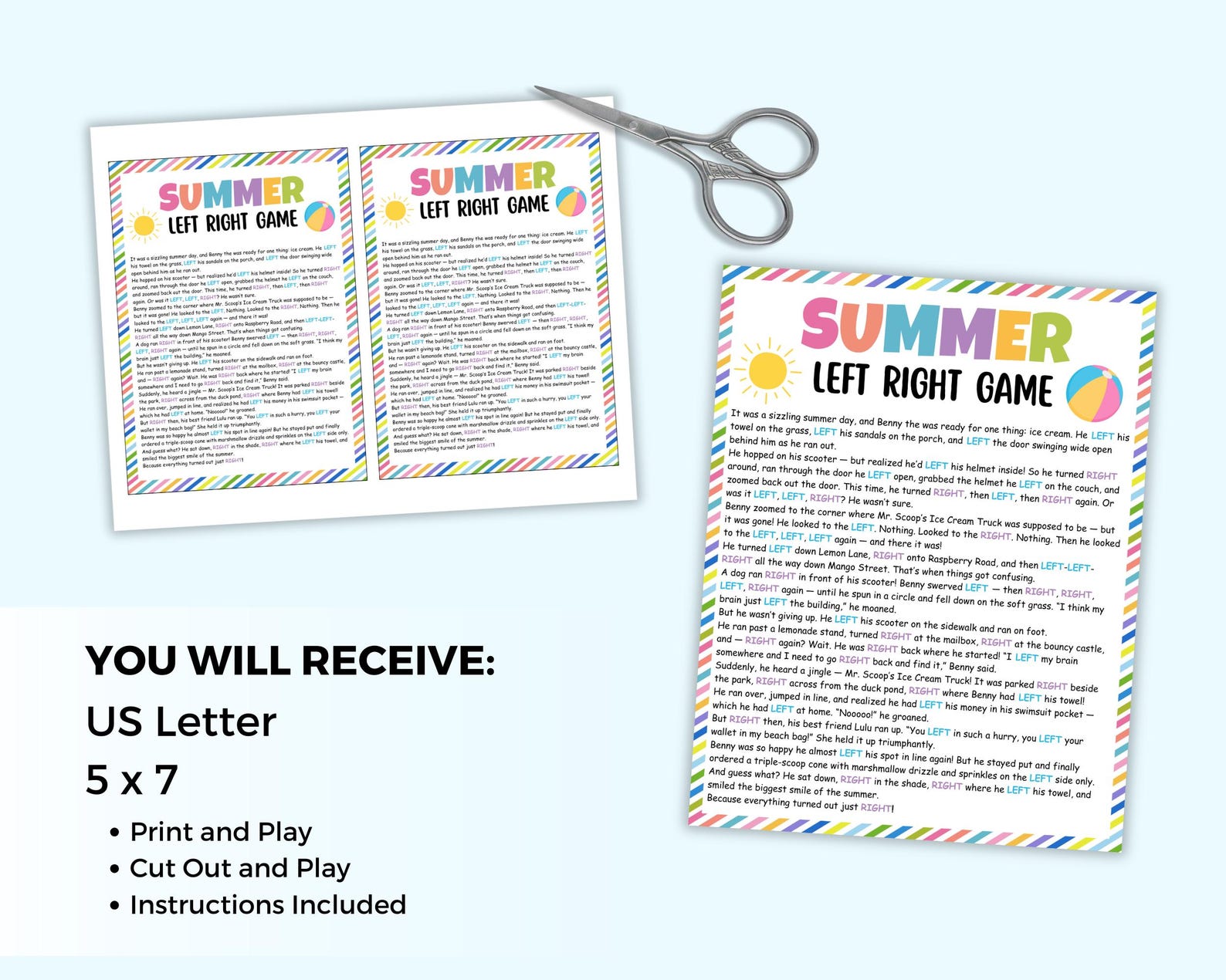 Summer Left Right Game Printable, Summer Pass the Prize Game, Summer ...