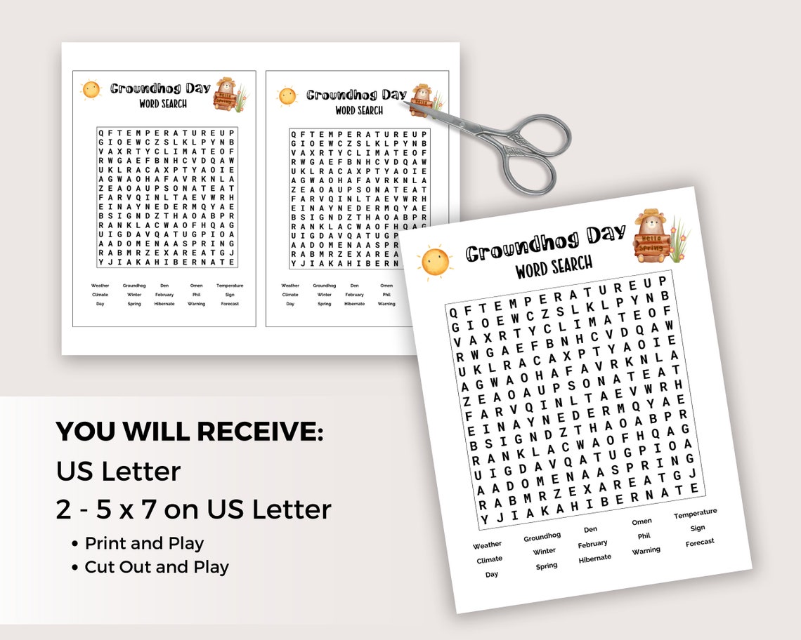 Groundhog Day Word Search, Printable Word Search, Groundhog Day Party ...