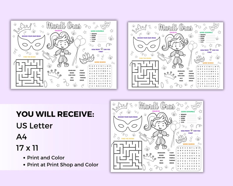 Mardi Gras Coloring Placemat, Printable Mardi Gras Activity Placemat ...