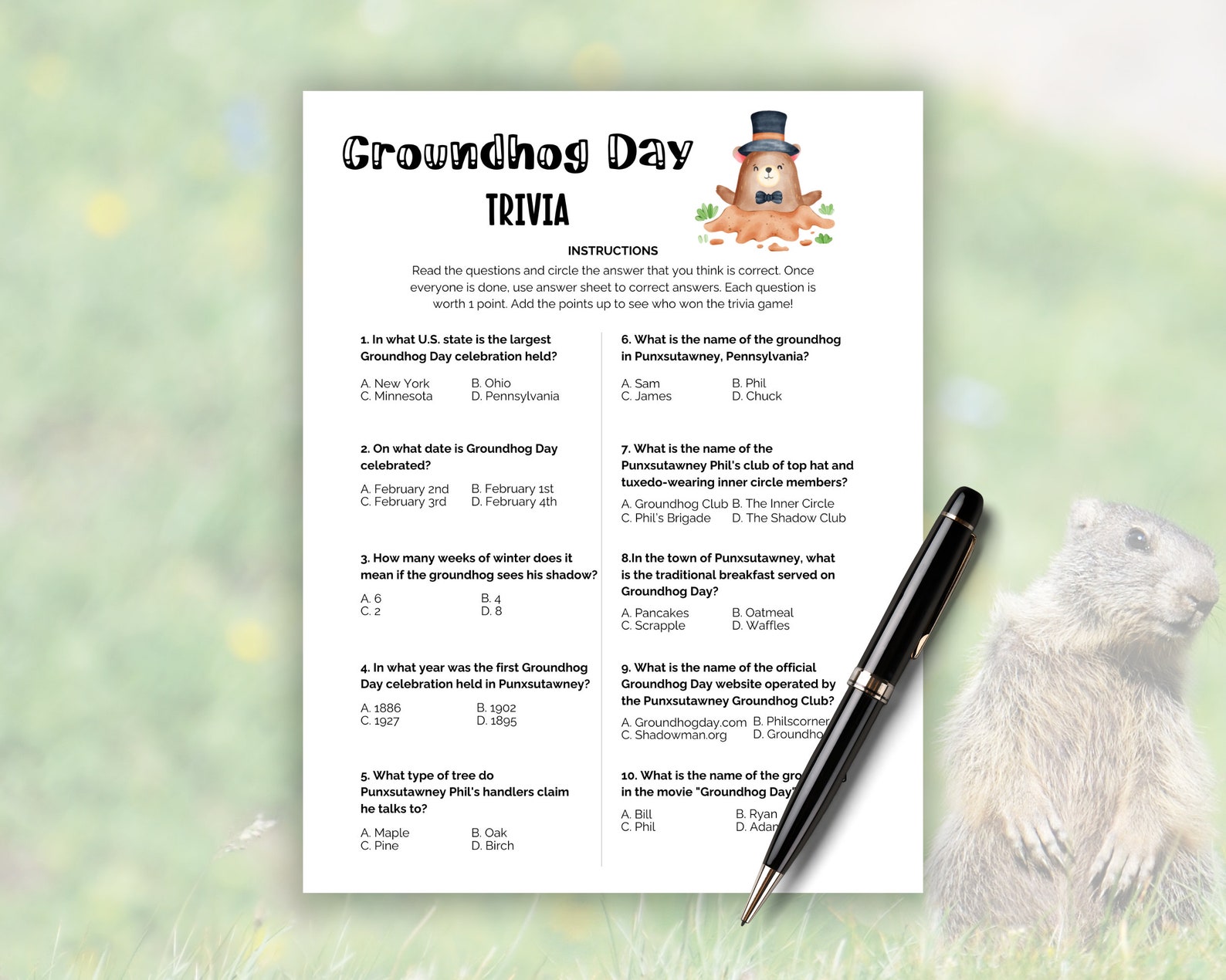 Groundhog Day Trivia Game, Printable Trivia Game, Groundhog Day Party ...