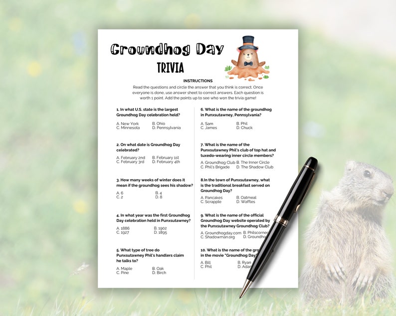 Groundhog Day Trivia Game, Printable Trivia Game, Groundhog Day Party ...