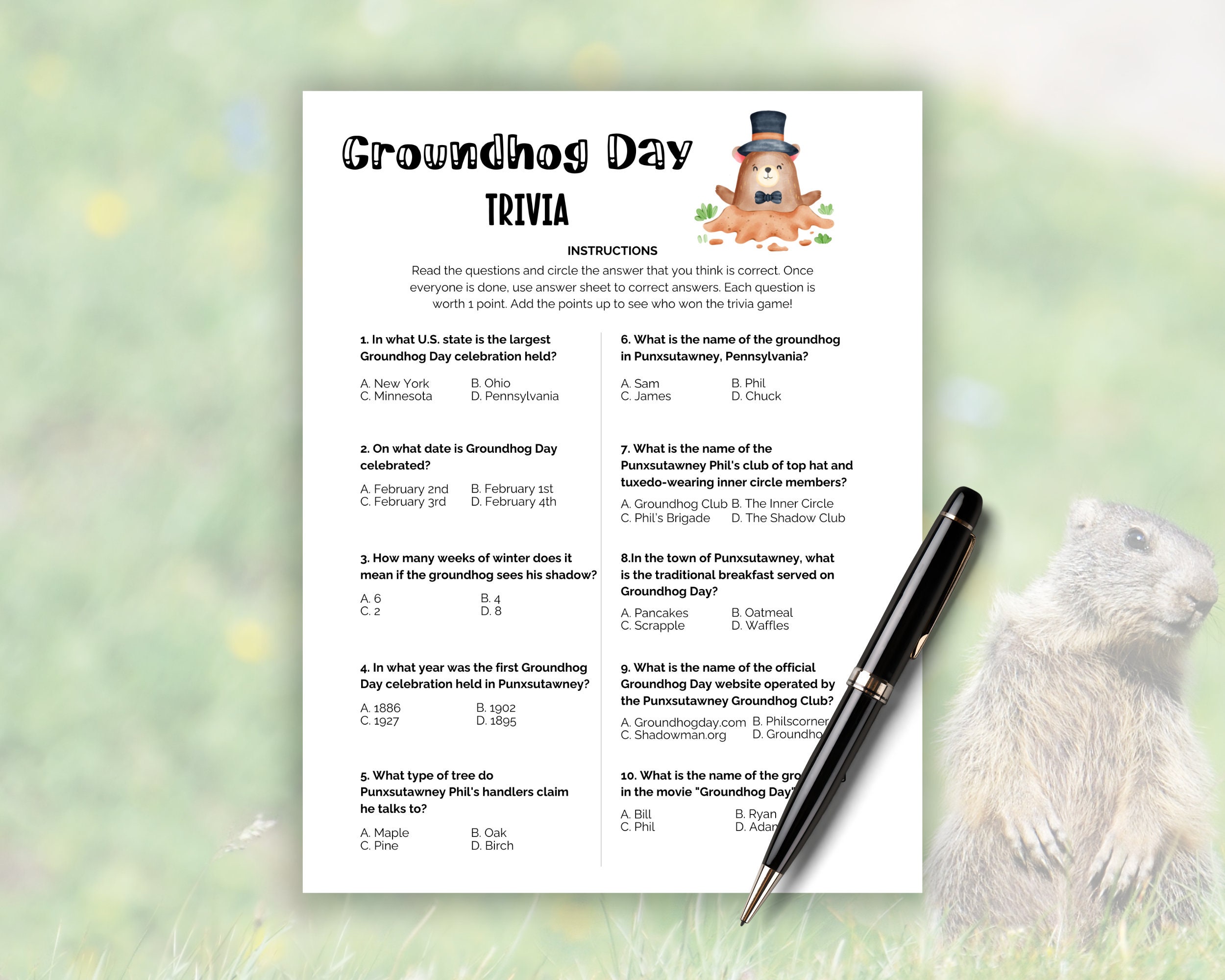 Groundhog Day Trivia Game, Printable Trivia Game, Groundhog Day Party ...