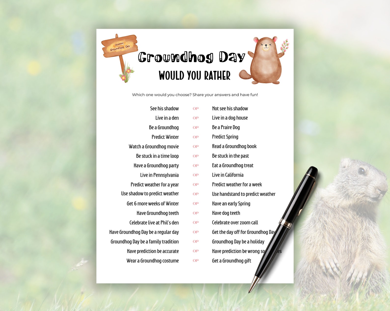 Groundhog Day Would You Rather Game, Printable Groundhog Day This or ...