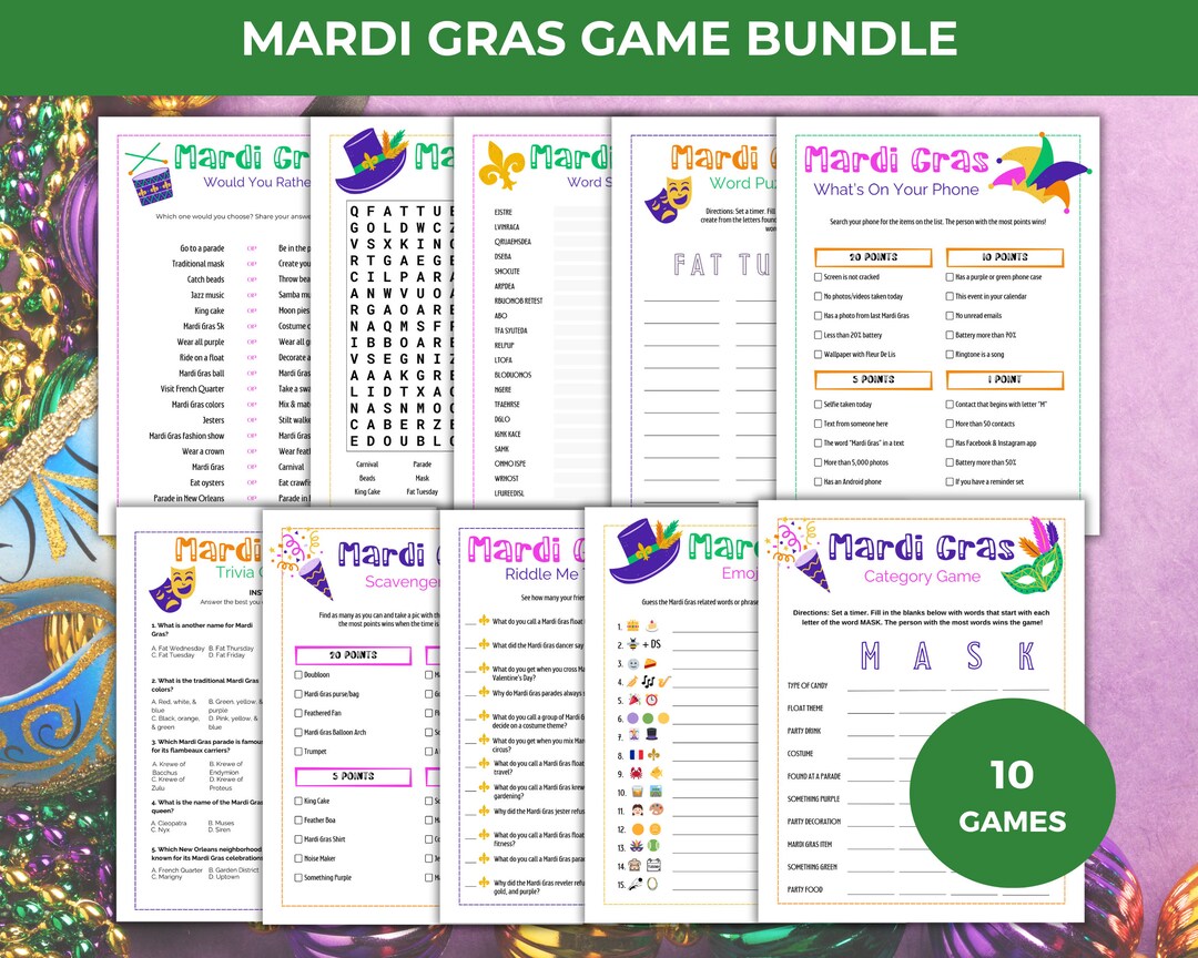 Mardi Gras Game Bundle, Fat Tuesday Party Games, Printable Mardi Gras ...