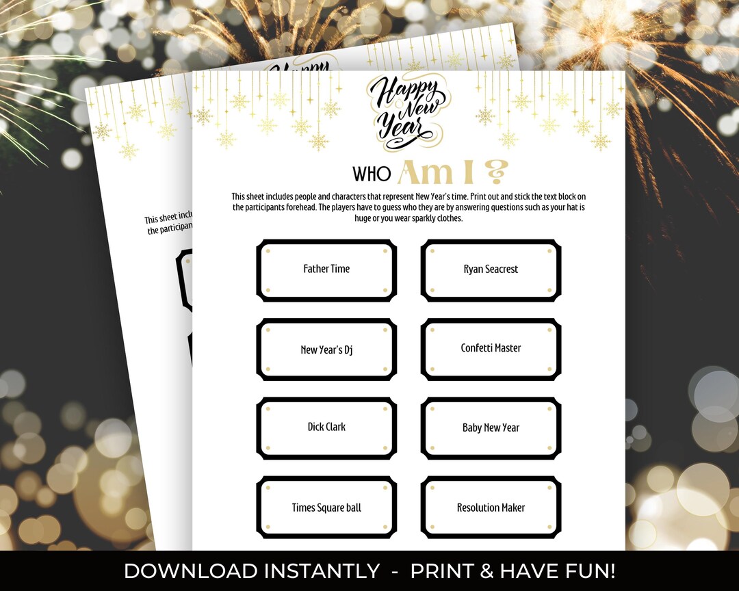 New Year's Who Am I Game, Printable Who Am I Game, New Years Eve Party ...