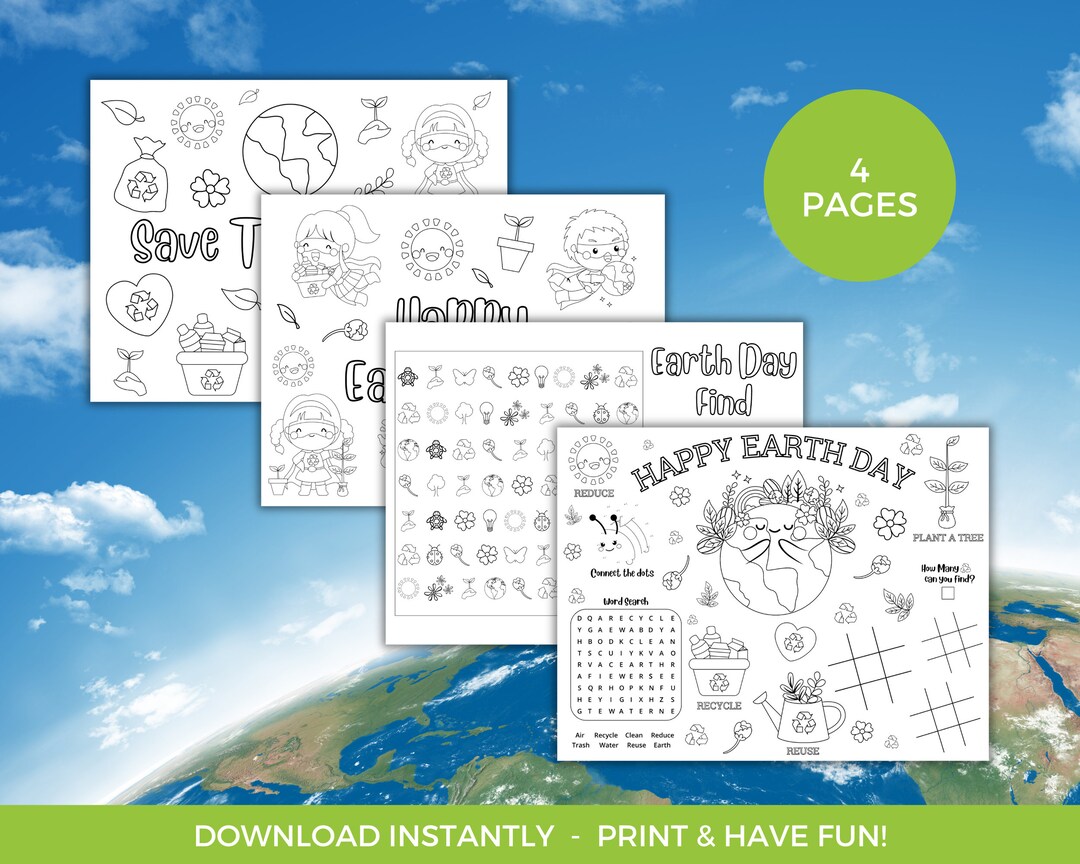 Earth Day Coloring Activity Placemat, Printable Earth Day Party ...