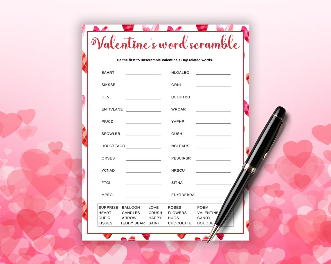 Valentine's Day Word Scramble Game, Printable Valentine's Day Game ...