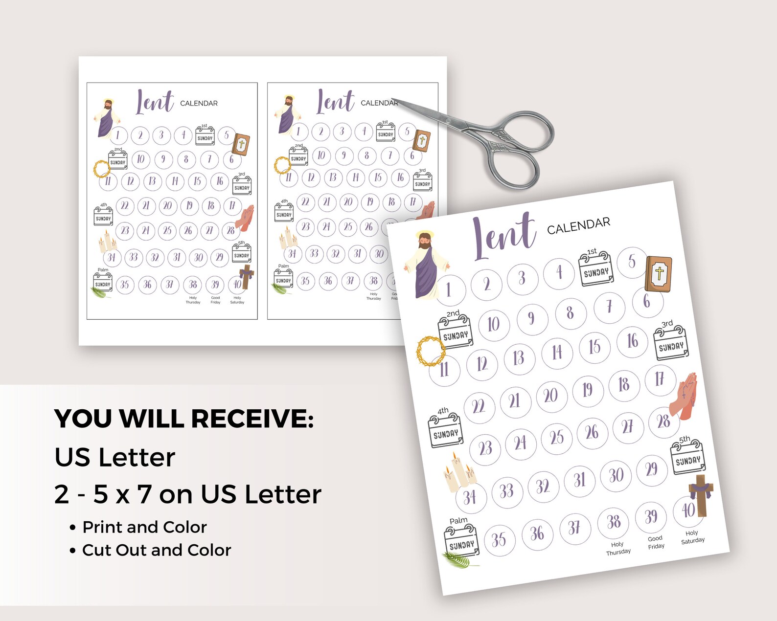 Lent Countdown Calendar, Printable Lenten Coloring Calendar, Ash ...