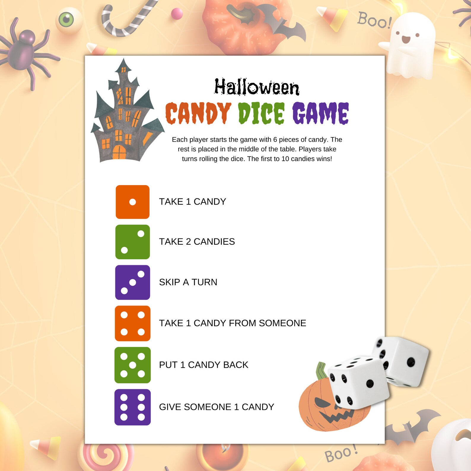 Printable Halloween Candy Dice Game, Halloween Candy Game, Candy Dice ...