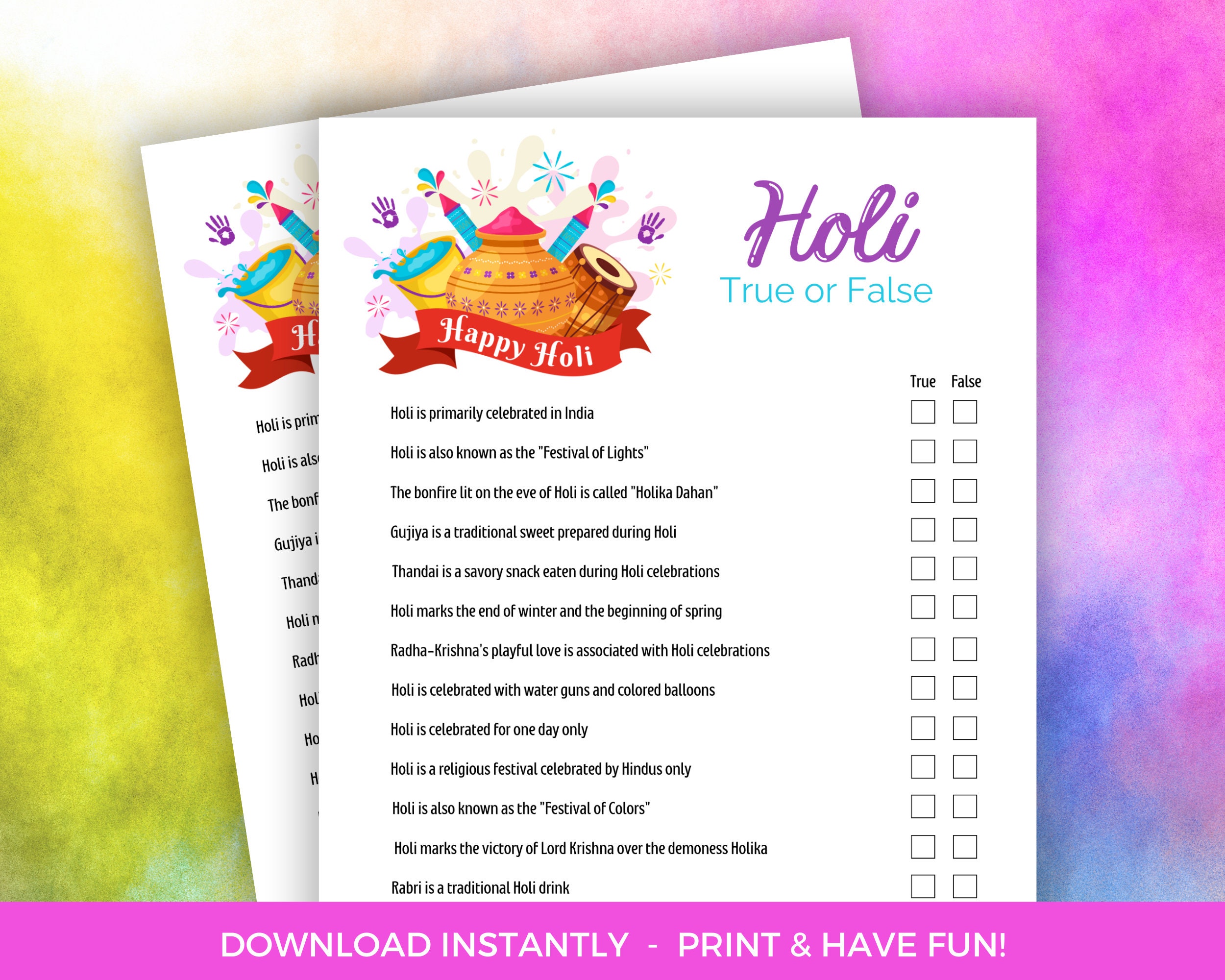 Holi True or False, Printable Festival of Color True or False Activity ...