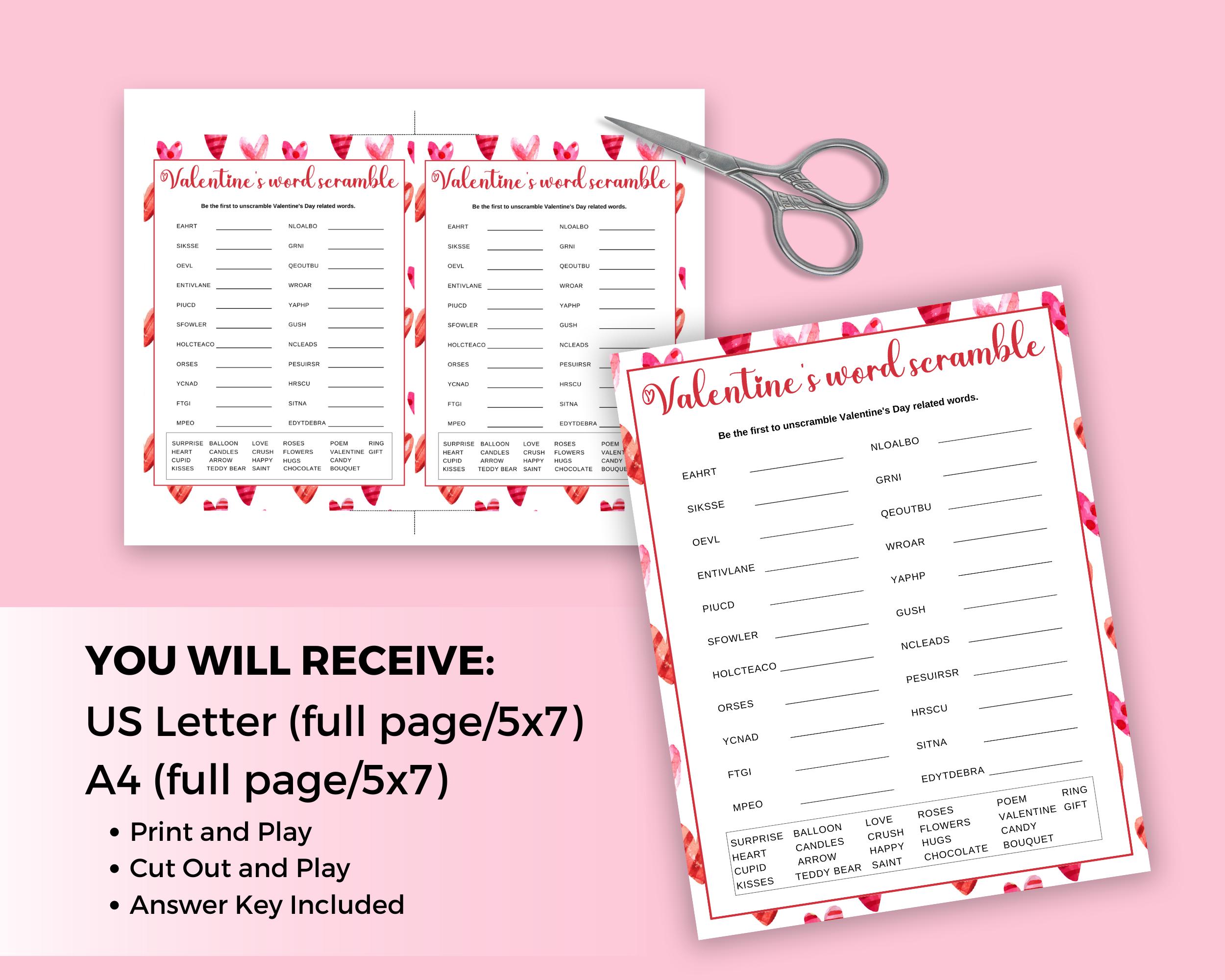 Valentine's Day Word Scramble Game, Printable Valentine's Day Game ...