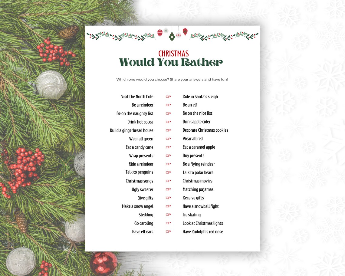 Christmas Would You Rather Game, Printable Christmas This or That ...
