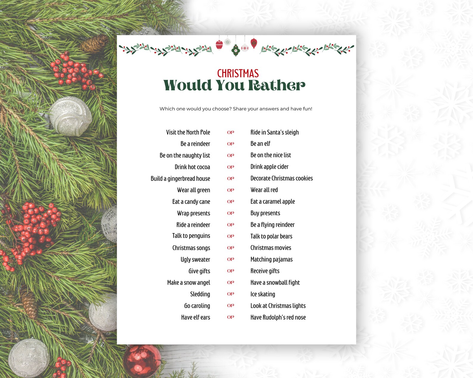Christmas Would You Rather Game, Printable Christmas This or That ...