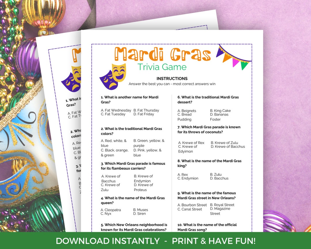 Mardi Gras Trivia Game, Fat Tuesday Party Game, Printable Mardi Gras ...